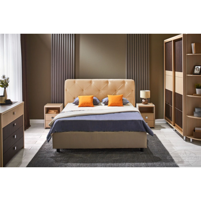 Dormitor Cristal bej, pat 160x200 cm, dulap usi culisante 2m, noptiere